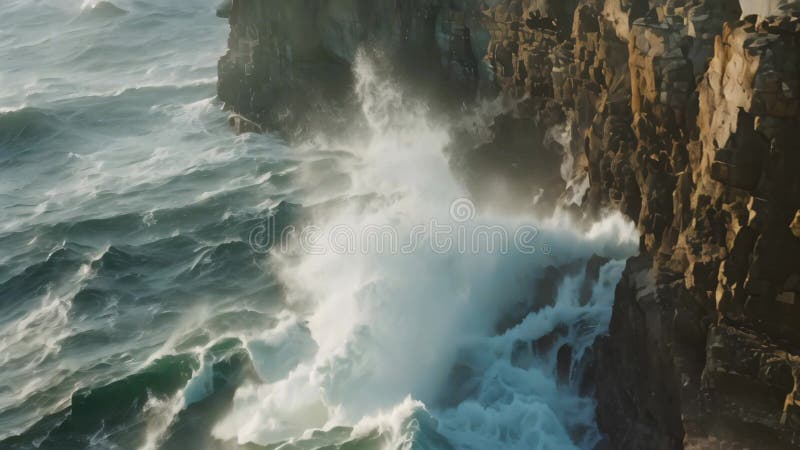 A Massive Wave Forcefully Collides with the Side of a Steep Cliff ...