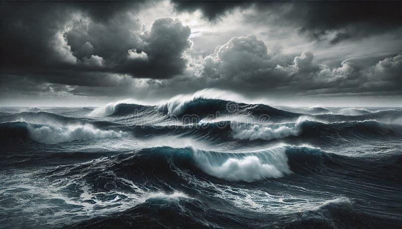 Massive Waves Raging in the Middle of the Ocean Under Dark, Stormy ...