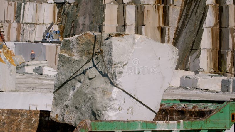 Massive White Marble Block Loading into Dump Truck, Suspended by Heavy ...