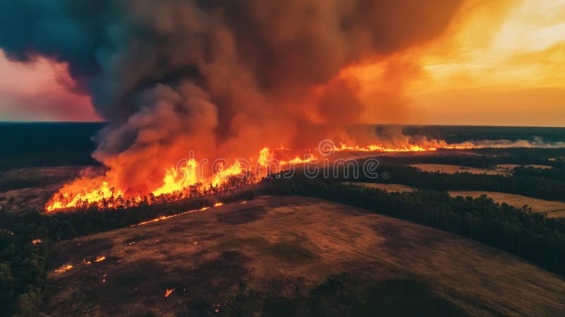 Massive Wildfire Engulfs Field with Roaring Flames and Towering Smoke ...