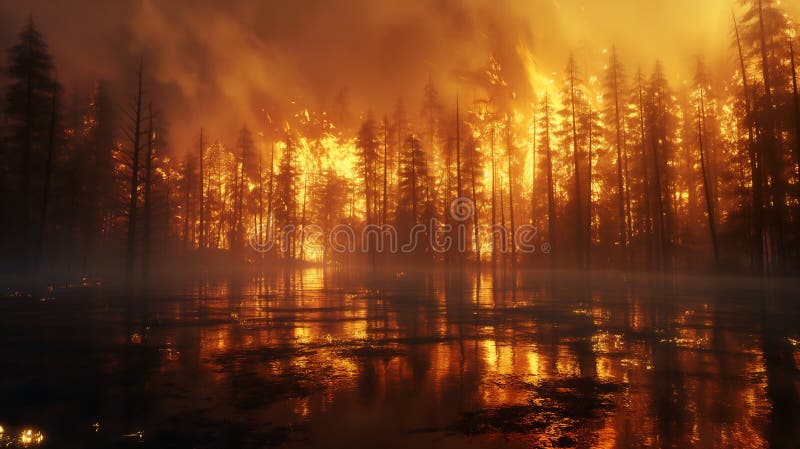A Massive Wildfire Engulfs a Forest, with Towering Flames and Dense ...