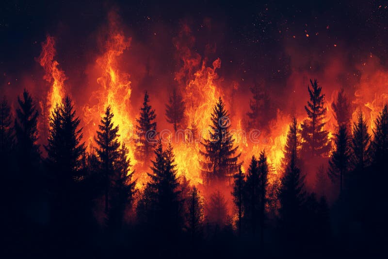 Massive Wildfires. Forest Fire Burning Flames and Smoke and Black ...