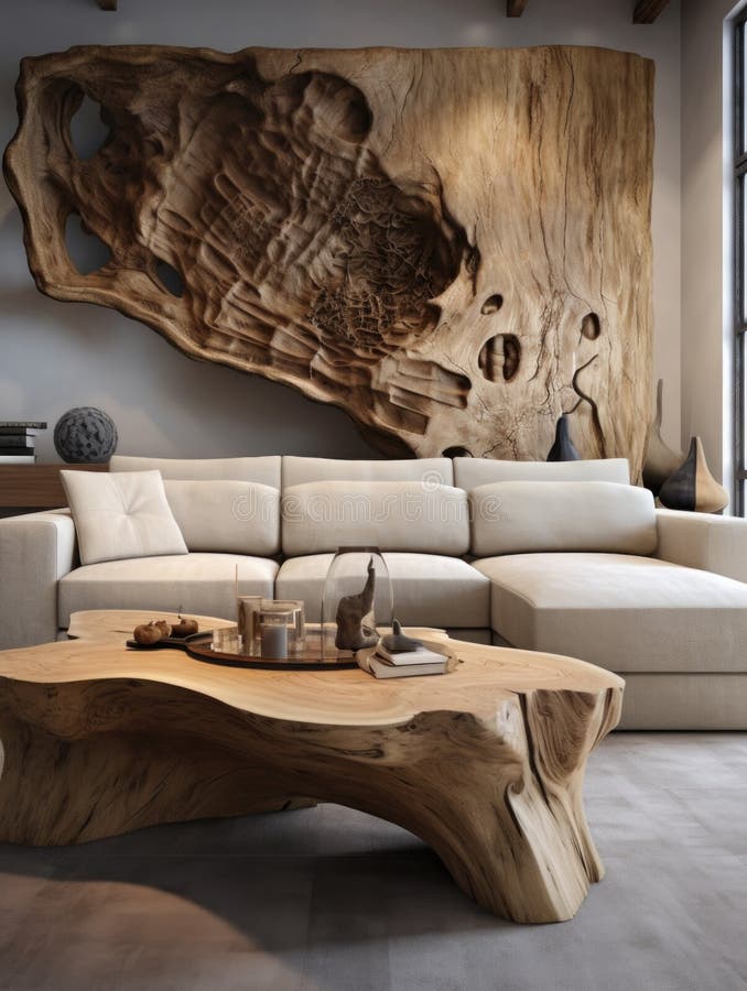 Massive Wood Root Panel in Room with Beige Corner Sofa and Tree Stump ...