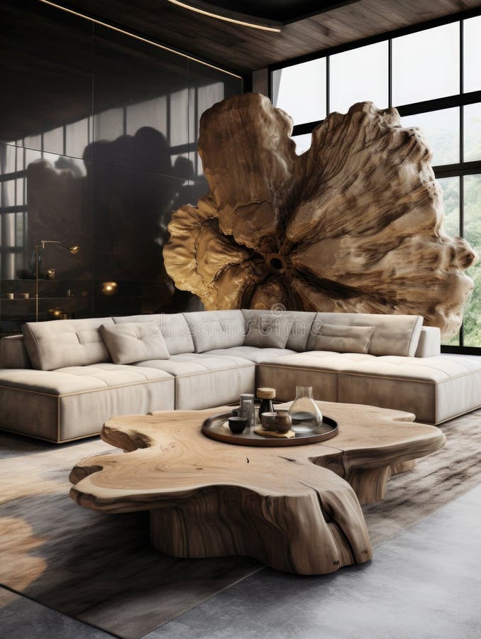 Massive Wood Root Panel in Room with Beige Corner Sofa and Tree Stump ...