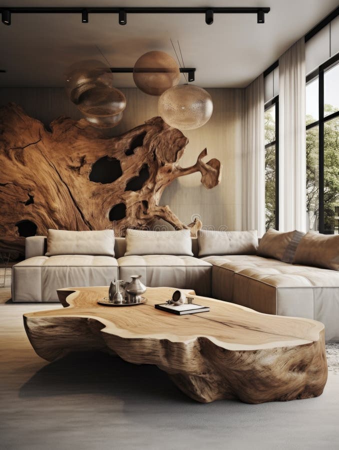 Massive Wood Root Panel in Room with Beige Corner Sofa and Tree Stump ...