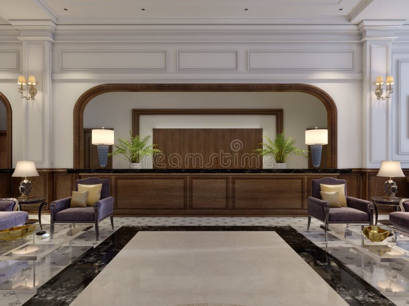 Massive Wooden Reception Desk in the Elegant Interior of a Luxury Hotel ...