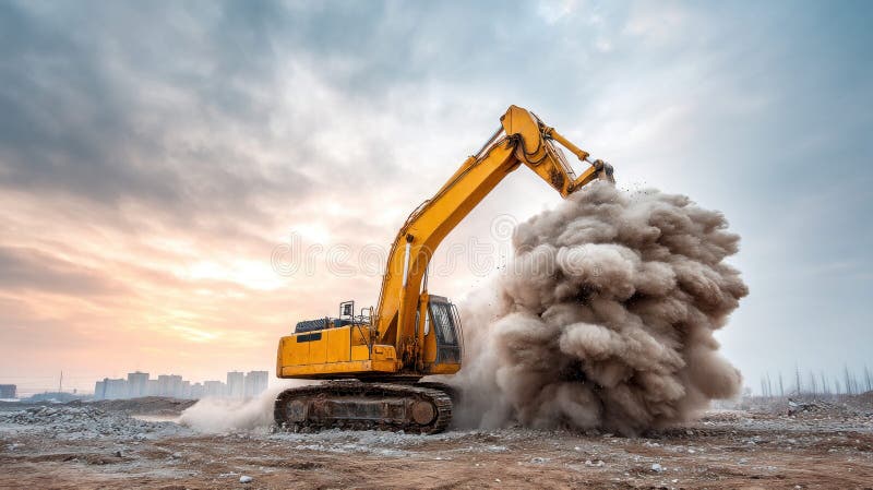 A Massive Yellow Excavator is Hard at Work, Kicking Up a Huge Cloud of ...