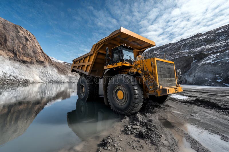 Massive Yellow Mining Dump Truck in a Rocky Quarry with Cloudy Sky ...