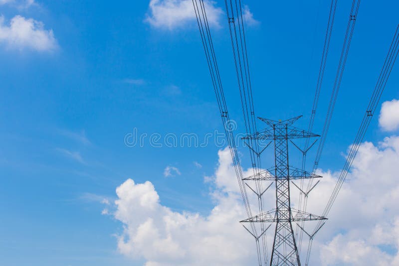 Mast Electrical Power Line Against Cloud and Blue Sky Background Stock ...