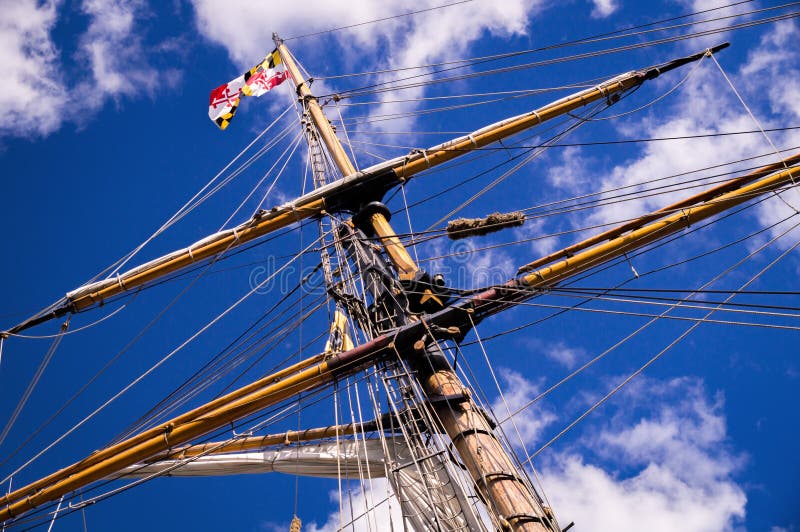 Mast, Rigging and Flags of a Classic Sailing Ship. Stock Image - Image ...