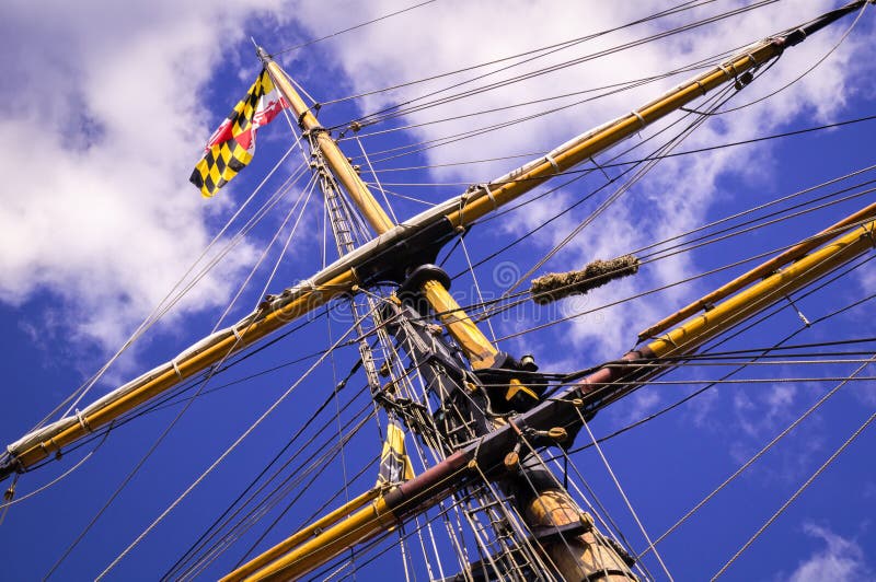 Mast, Rigging and Flags of a Classic Sailing Ship. Stock Photo - Image ...