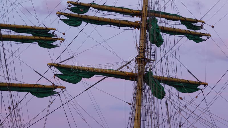 Mast of Sailing Ship with Folded Sails, Rigging and Ropes Stock Footage ...