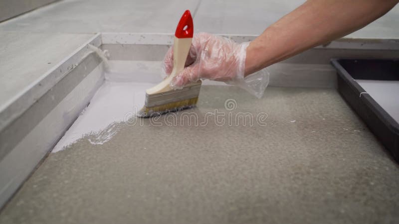 The Process of Priming the Floor with White Paint. the Master Applies ...