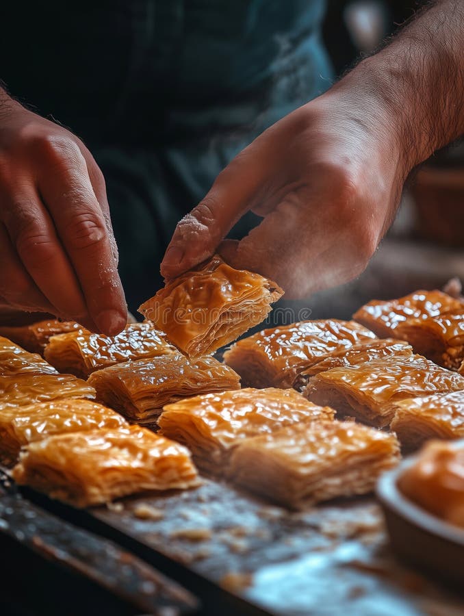 Master Baker Skillfully Layers Traditional Baklava in a Bustling ...