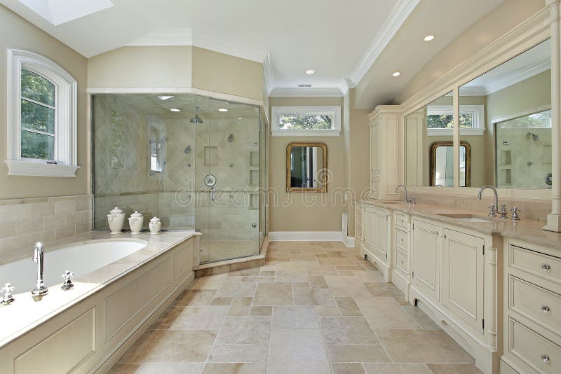 Master Bath with Large Glass Shower Stock Photo - Image of floor ...
