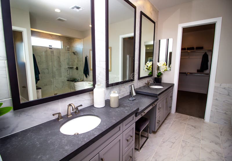 Master Bathroom with Two Vanities and Dressing Area Stock Photo - Image ...