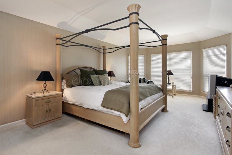 Master Bedroom with Oak Wood Bed Frame Stock Image - Image of bedroom ...