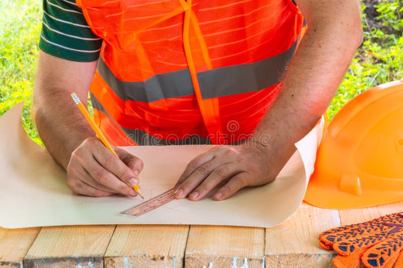 Master Builder Draws Diagram with a Pencil before Planning Work Stock ...