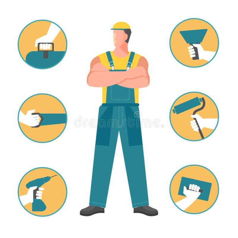 Master Builder and Icons of Construction Tools Stock Vector ...