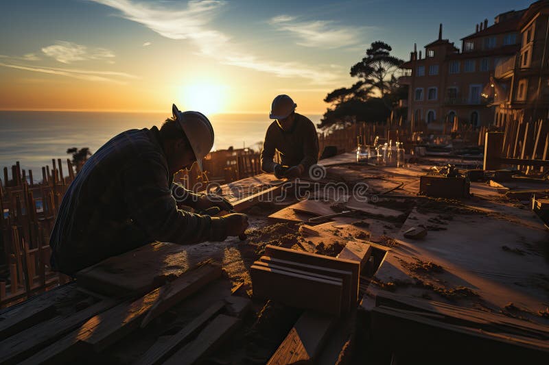 Master Carpenters Perform Woodwork on a Construction Site. Stock Photo ...