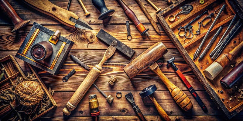 A Master Carpenters Precision Tools Overhead View of a Wooden Hammer ...