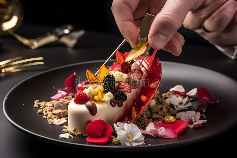 A Master Chef Creatively Plating a Visually Stunning Dessert, Using ...