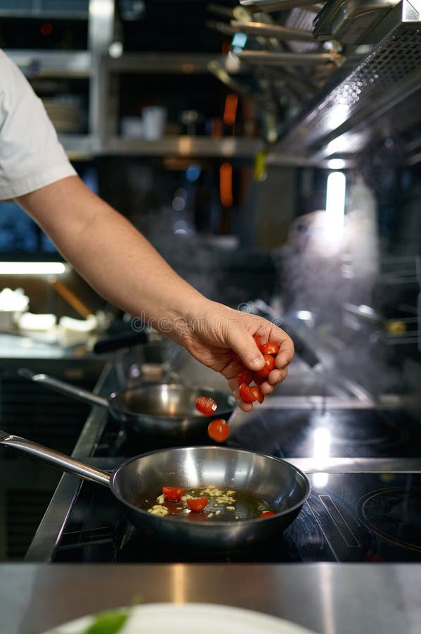 Master Chef Preparing Tomato Sauce for Pasta in Frying Pan Stock Image ...