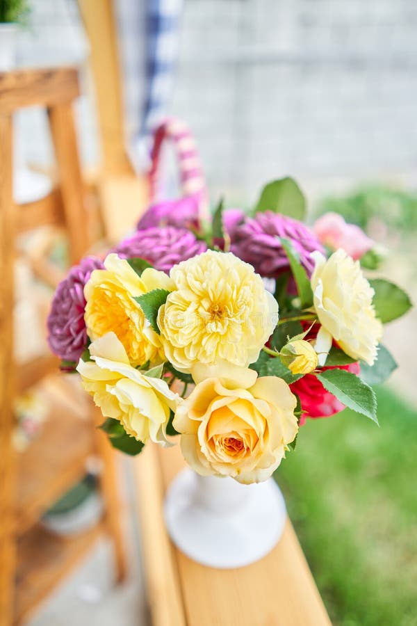 Master Class on Making Bouquets. Spring Bouquet in Wicker Basket Stock ...