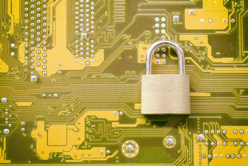 Master Key or Gold Padlock on Electronic Motherboards Background Stock ...