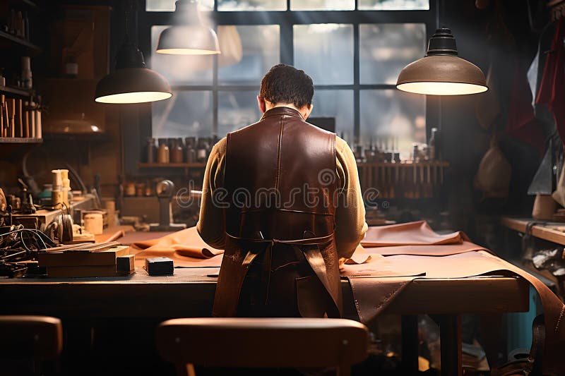 A Master Leather Craftsman Works in a Cozy Workshop, Surrounded by ...