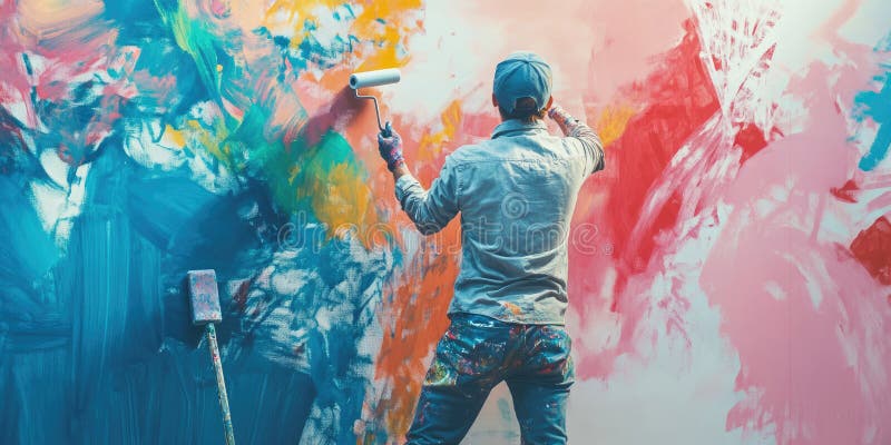 Master Painter Using a Roller To Paint a Wall, Skilled Painter at Work ...