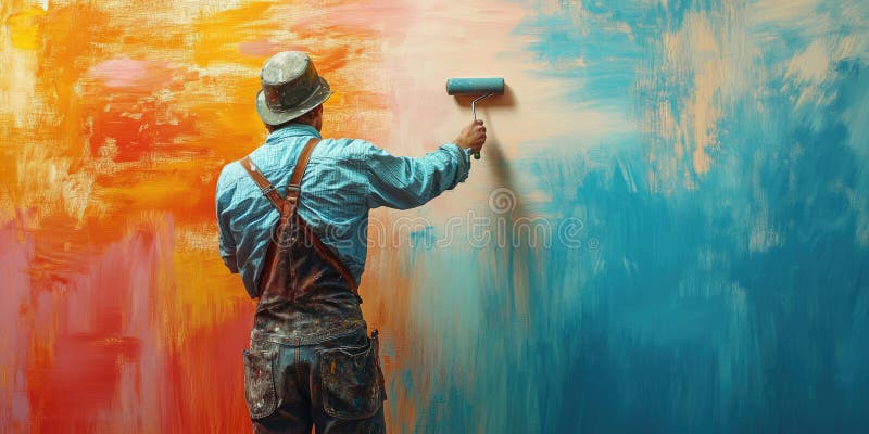 Master Painter Using a Roller To Paint a Wall, Skilled Painter at Work ...