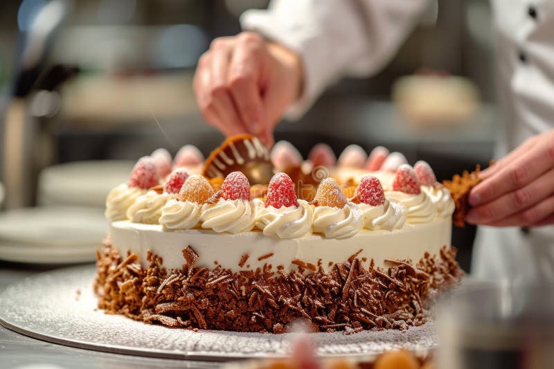 A Master Pastry Chef Intricately Decorating a Multi-layered Cake with ...