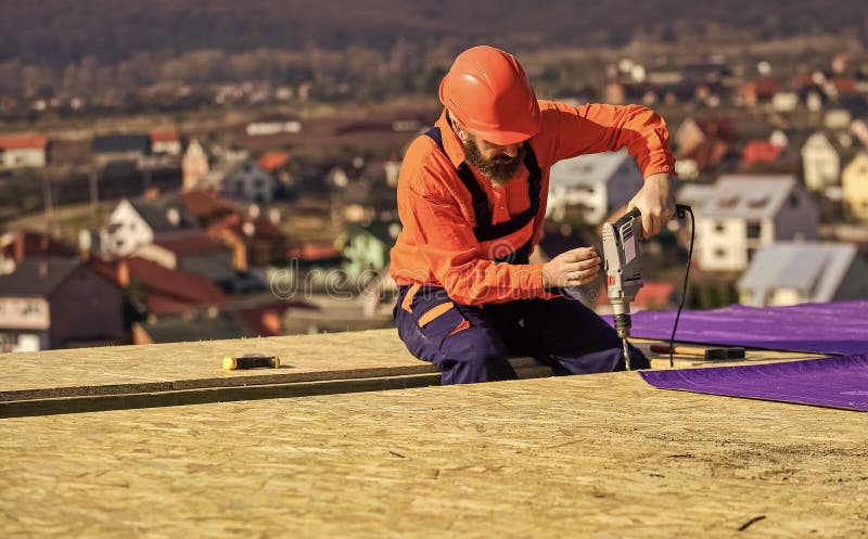 Master Repair Roof. Flat Roof Installation. Roofer Constructing Roof ...