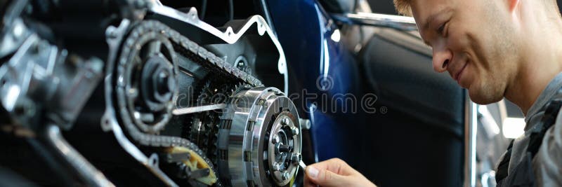 Master Repairing Motorcycle in Workshop Using Wrench Stock Photo ...