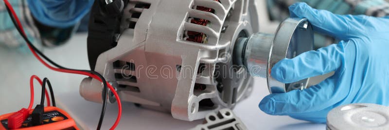 Master Repairman Diagnosing Breakdown of Car Generator Using Tester ...