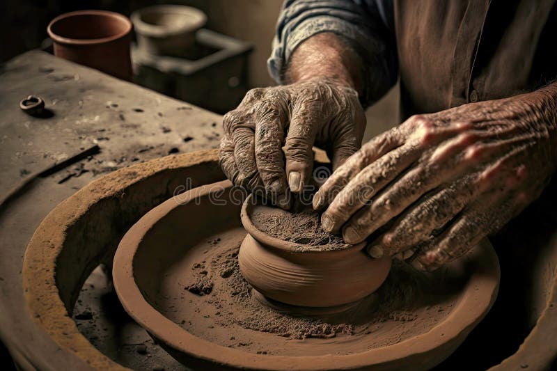 Master S Hands Stained in Clay Process Pot during Making Clay Products ...