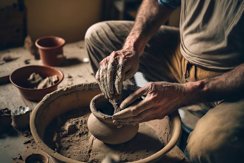 Master& X27;s Hands Stained in Clay Process Pot during Making Clay ...