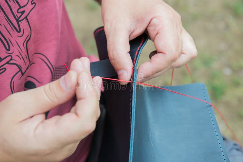 Sewing the Edge of a Leather Bag Stock Image - Image of craft, process ...
