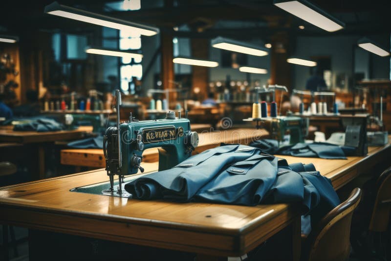 Master Tailors Workshop Desk with Sewing Machine, Tools, Fabrics, and ...