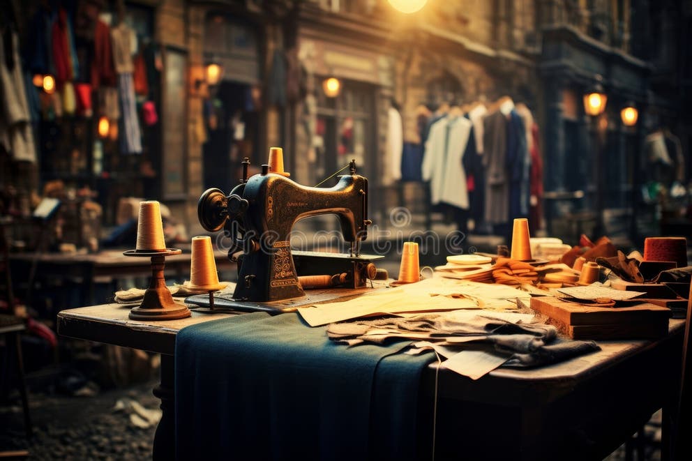 Master Tailors Workshop Desk with Sewing Machine, Tools, Fabrics, and ...