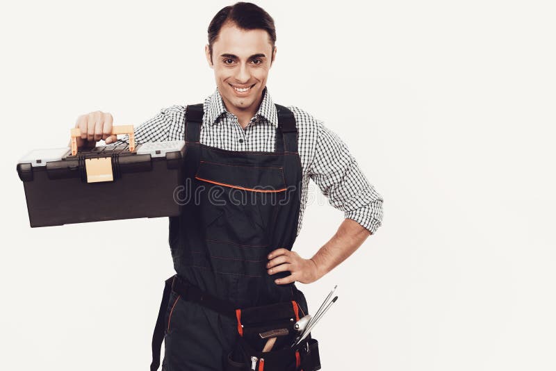 Master with Tools Box in Hand on White Background. Stock Image - Image ...