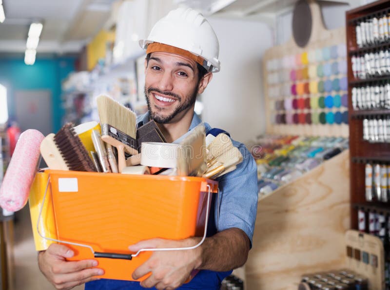 Master with Tools in Hands with Purchases in Store Stock Image - Image ...