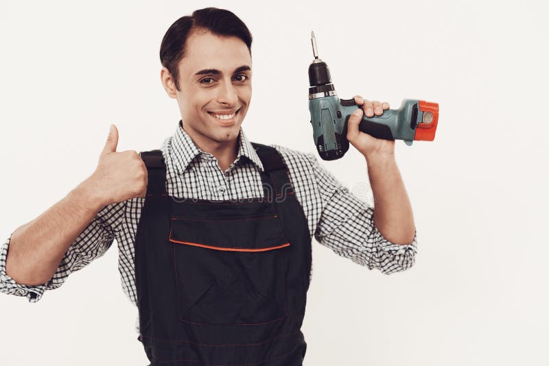 Master with Tools and Wrench on White Background. Stock Photo - Image ...