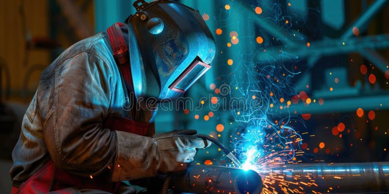 Professional Welder with Pipe on Blue Light Background Stock Photo ...