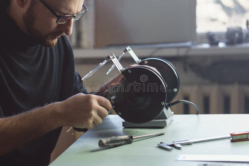 Master Works Behind Grinding Machine Stock Photo - Image of mastery ...