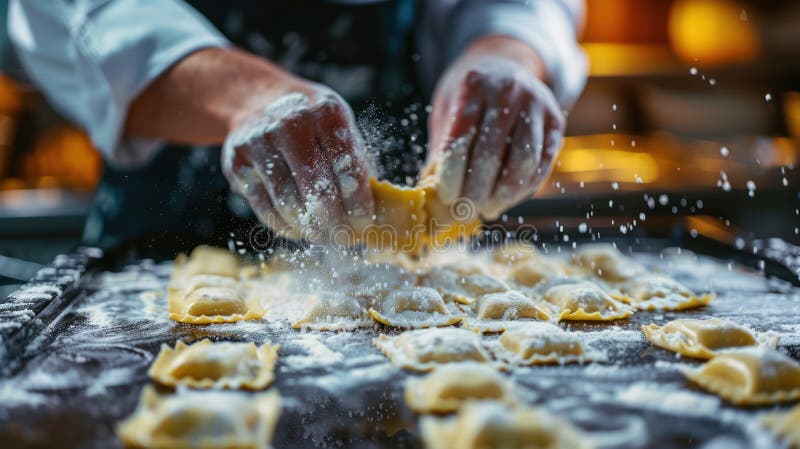 Masterful Chef Preparing and Decorating Ravioli Pasta Dish for Fine ...