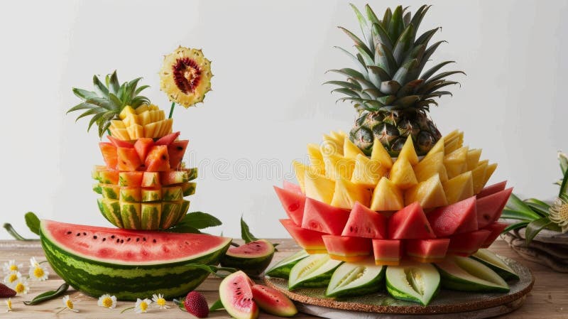 A Masterful Display of Fruit Carving Featuring a Multilayered Pineapple ...