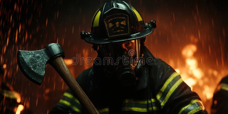 Masterful Grip on Fire Axe As Flames Dance in the Background during a ...