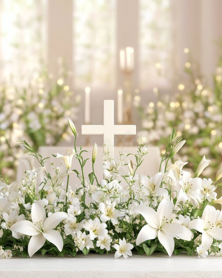 Cross on Church Altar Surrounded by Easter Lilies with Bright Floral ...